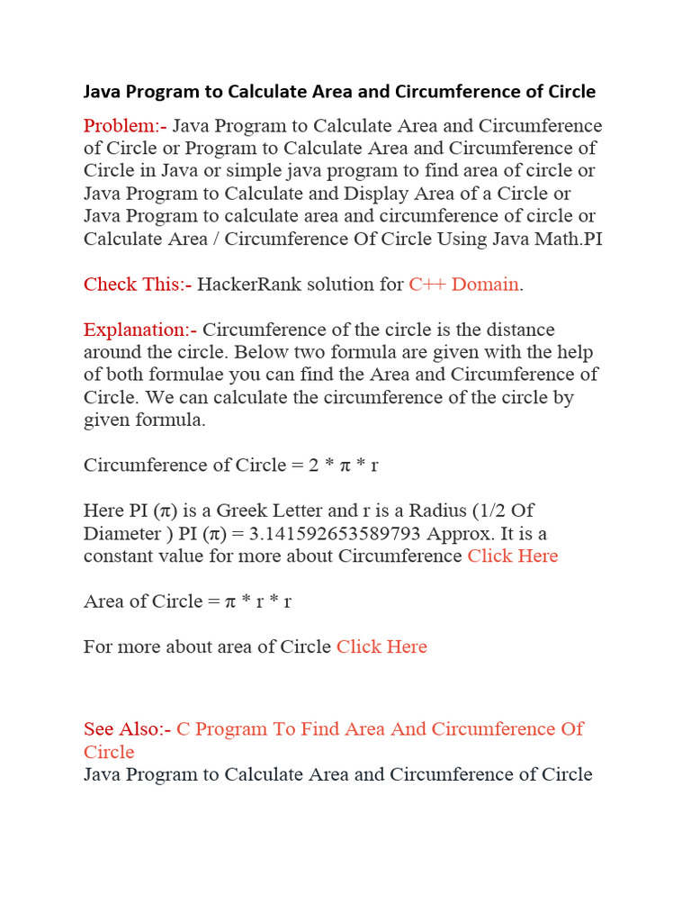 Java Program To Calculate Area and Circumference of Circle | PDF