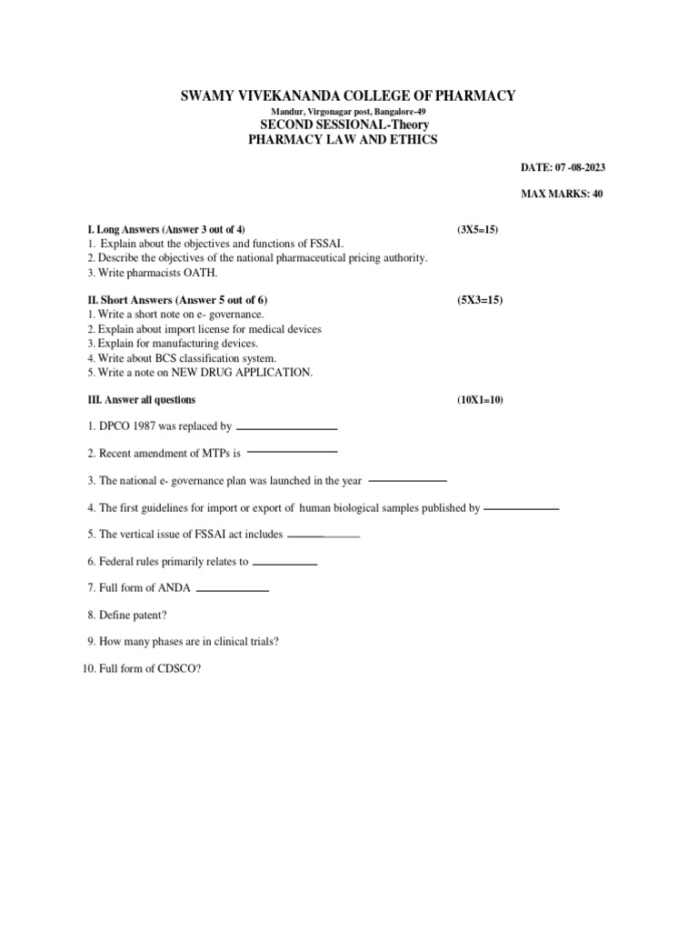 Pharmacy Law and Ethics Q.P | PDF