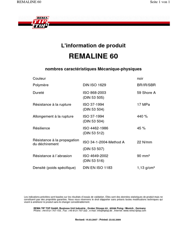 Fiche Technique REMALINE 60: Caractéristiques et Performances | PDF