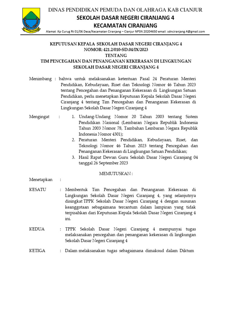 SK Kepala Satuan Pendidikan Pembentukan TPPK | PDF