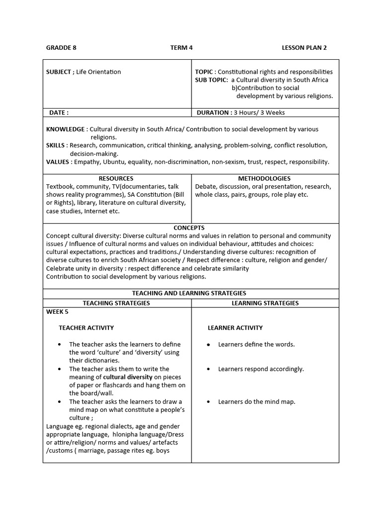 Grade 8 Term 4 Lesson Plan 2 | PDF
