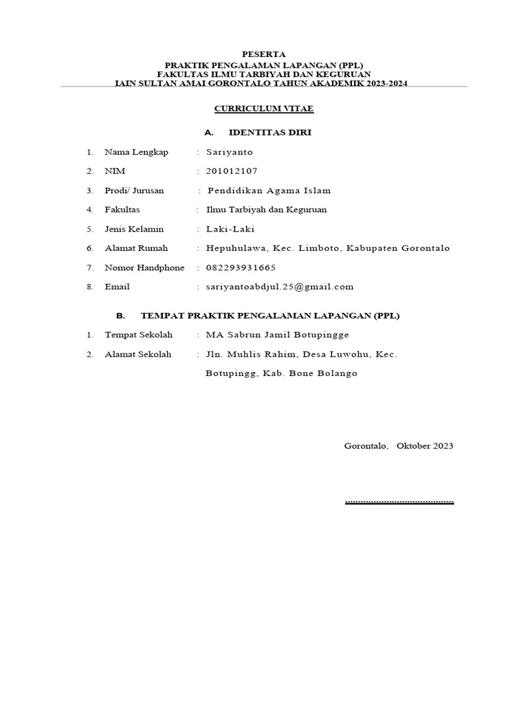 Curriculum Vitae Peserta PPL | PDF