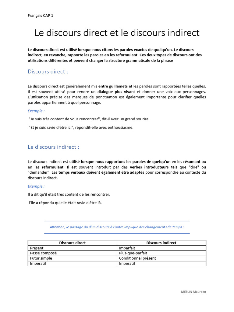 Le Discours Direct Et Le Discours Indirect | PDF