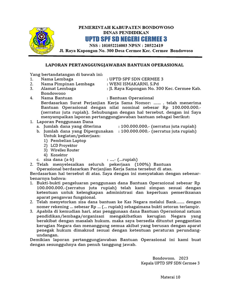 Laporan Pertanggungjawaban Bantuan Operasional | PDF