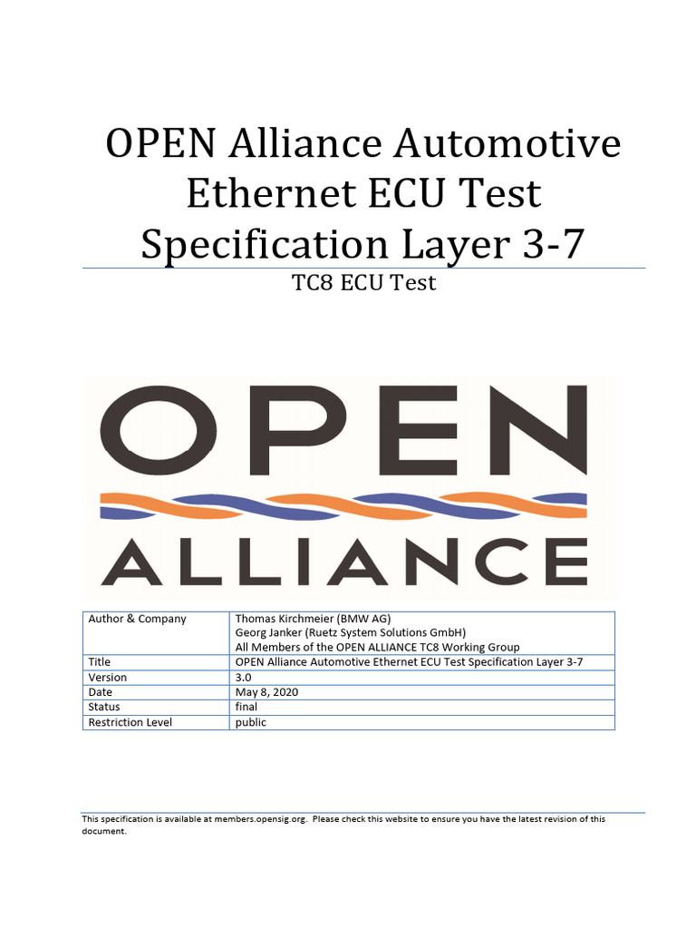 OA Automotive Ethernet ECU TestSpecification Layer 3-7 v3.0 Final | PDF