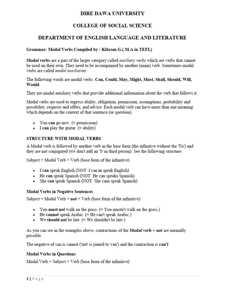Modal Verbs (1) Short Note | PDF