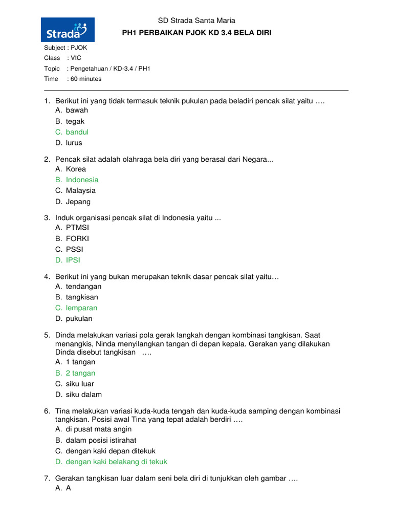 Pjok - Ph1 Perbaikan Pjok KD 3.4 Bela Diri - Question + Answer | PDF