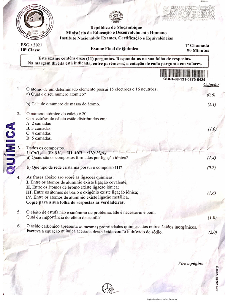 Exame de QUIMICA 10 Classe 1 Época 2021 VEJA MAIS Exames em (WWW - Passarr.blogspot - Com) | PDF