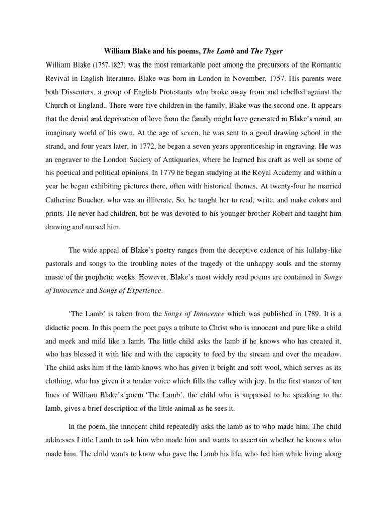 English (Hons.) - II Sem. - William Blake and His Poems, The Lamb and ...