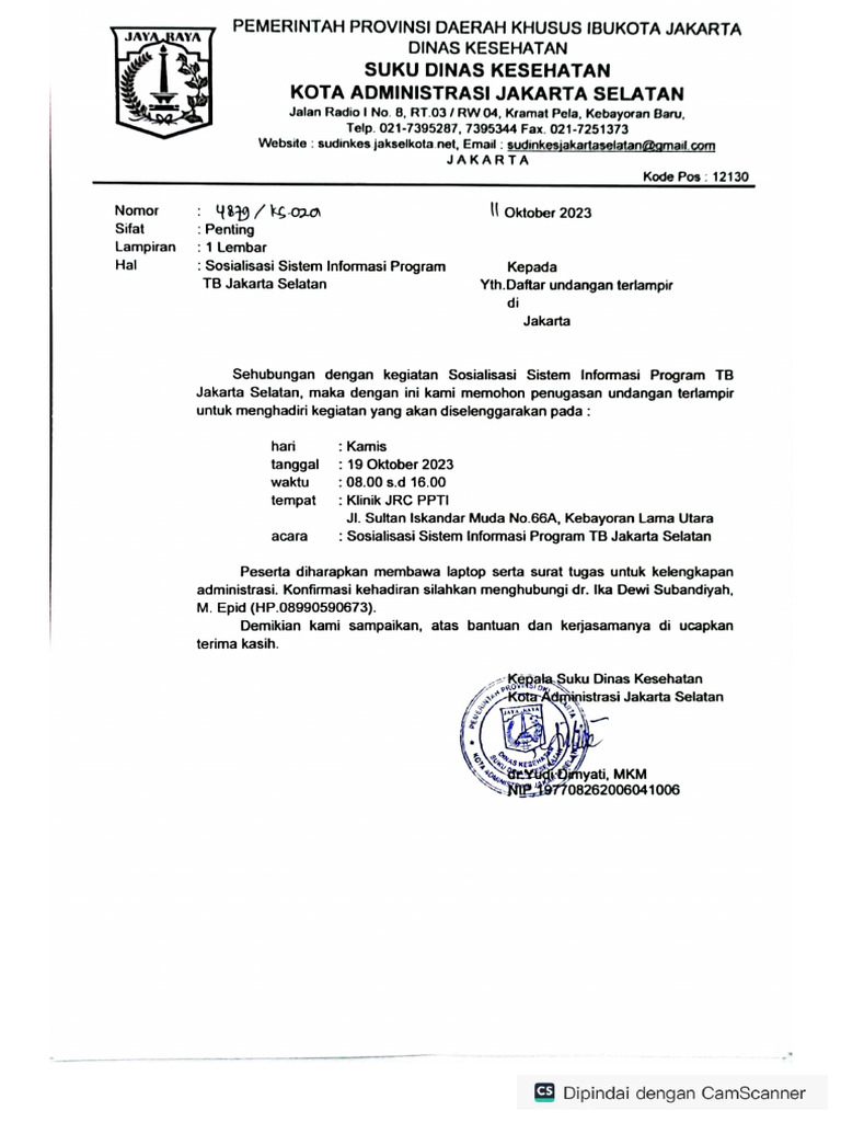 Surat Undangan Sosialisasi Sistem Informasi TB - 19 Oktober 2023 Batch 1 | PDF