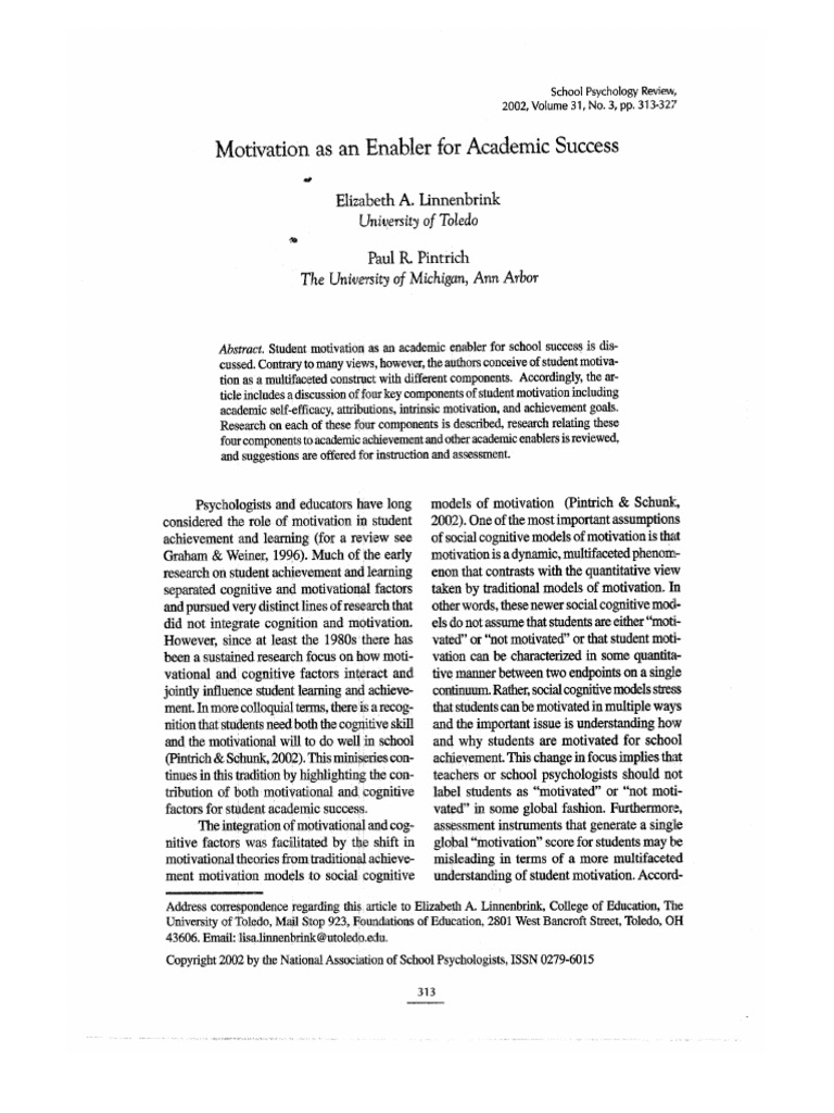 Motivation As An Enabler For Academic Success. | PDF