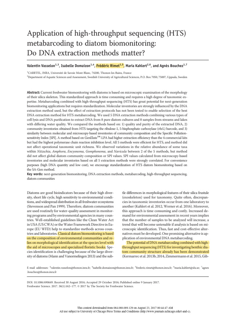 Vasselon Et Al. 2017, Application HTS Metabarcoding To Diatom Biomonitoring, Do DNA Extraction ...