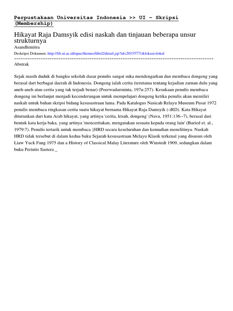 Hikayat Raja Damsyik Edisi Naskah Dan Tinjauan Beberapa Unsur ...