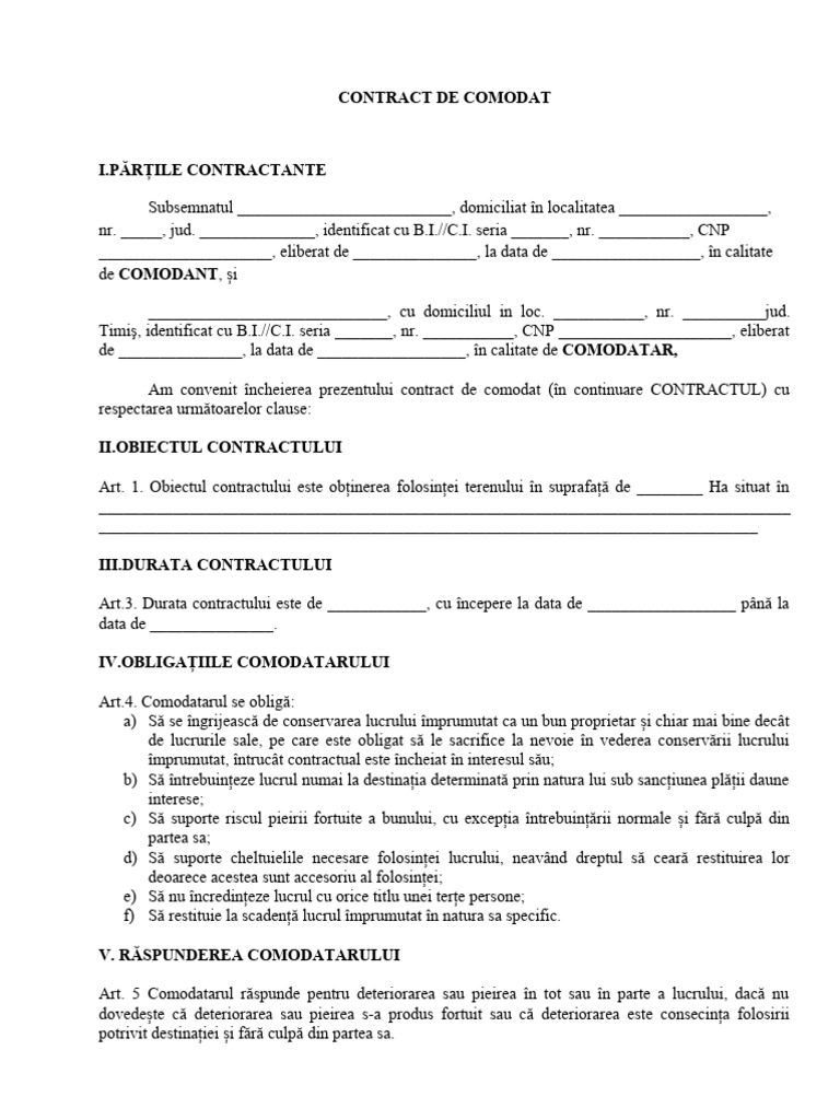 CONTRACT DE COMODAT | PDF