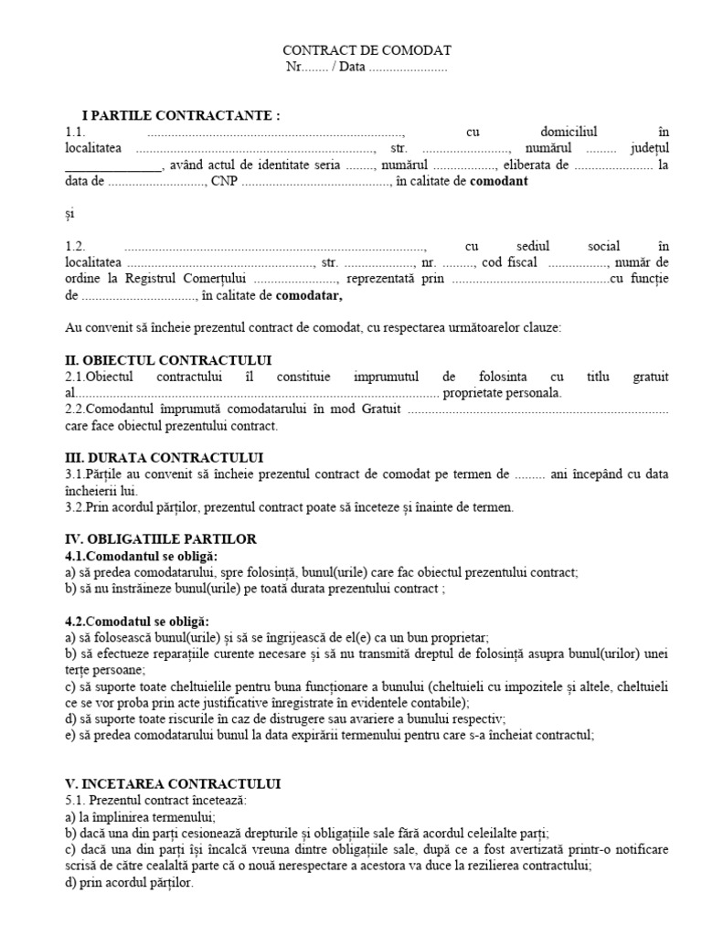 DRAFT Contract de Comodat Bun Mobil | PDF