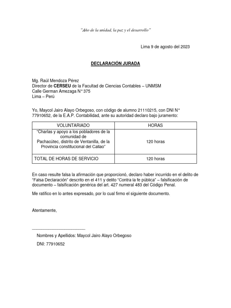 Anexo 03 - Declaracion-Jurada-Maycol Alayo | PDF