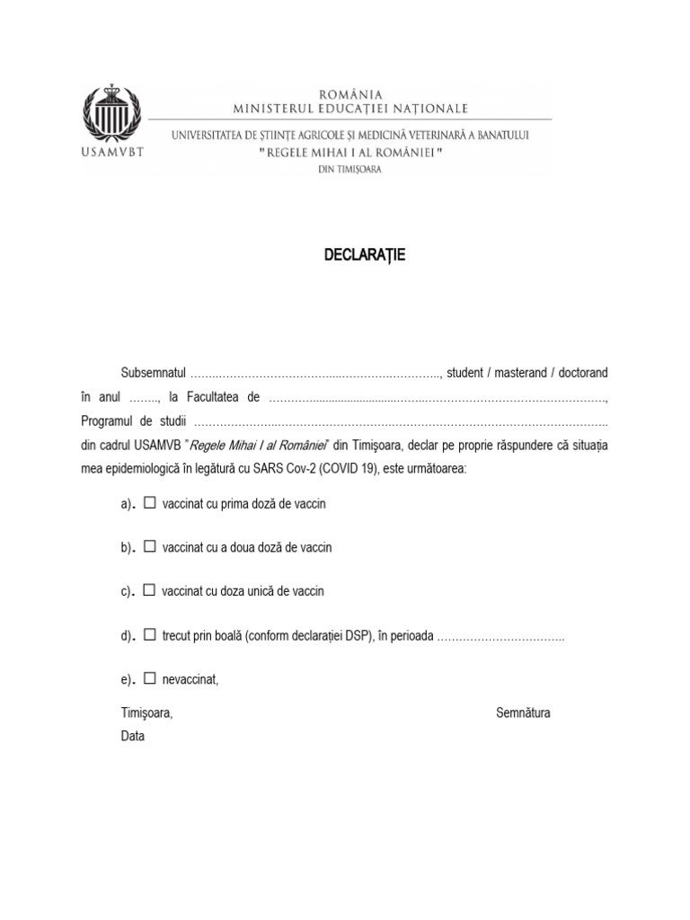Declaratie Pe Proprie Raspundere - SARS CoV-2 | PDF
