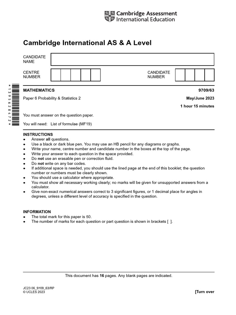 Cambridge International AS & A Level: Mathematics 9709/63 | PDF