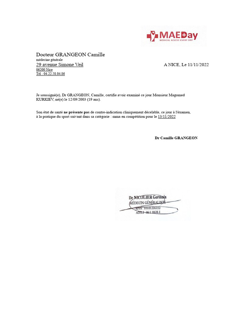 Certificat médical pour MMA | PDF