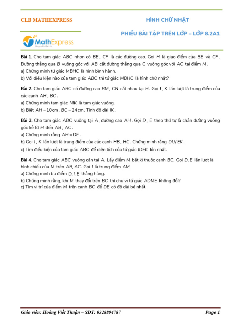 Clb Mathexpress: Hình Chữ Nhật Phiếu Bài Tập Trên Lớp - Lớp 8.2A1 | PDF