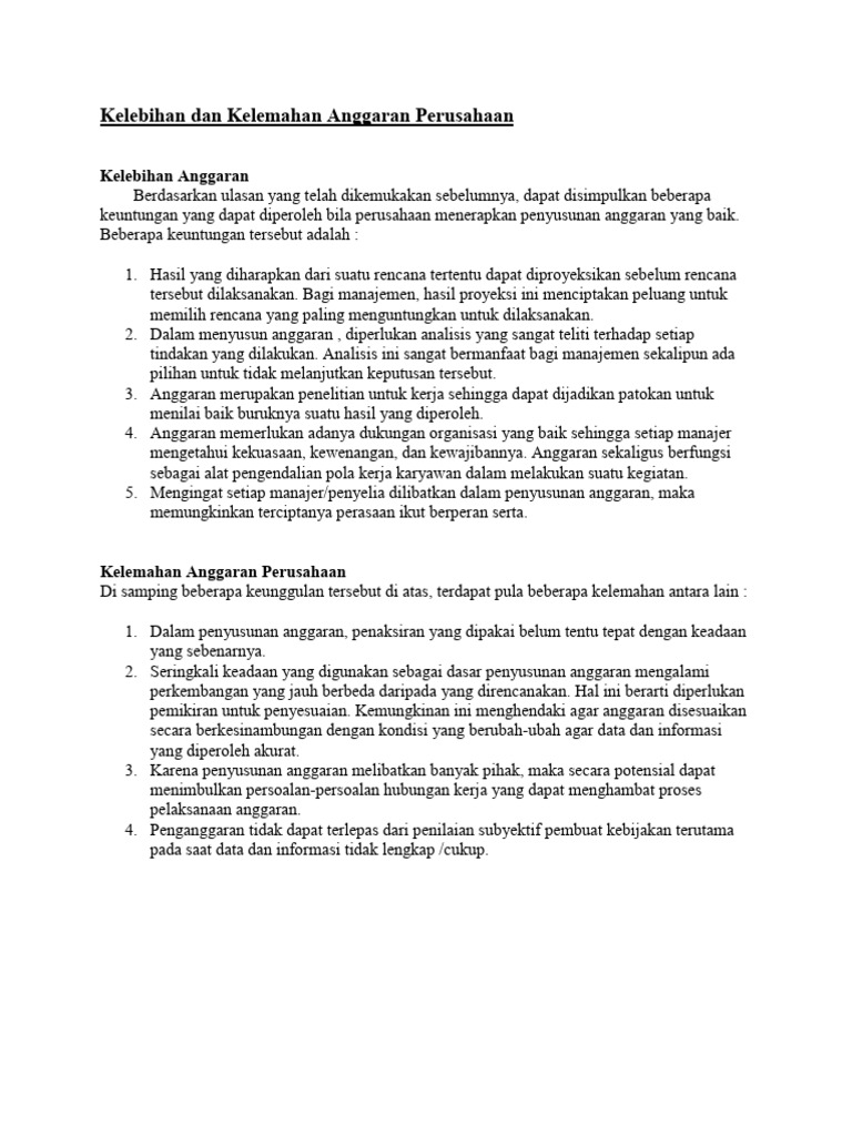Kelebihan dan Kelemahan Anggaran Perusahaan | PDF