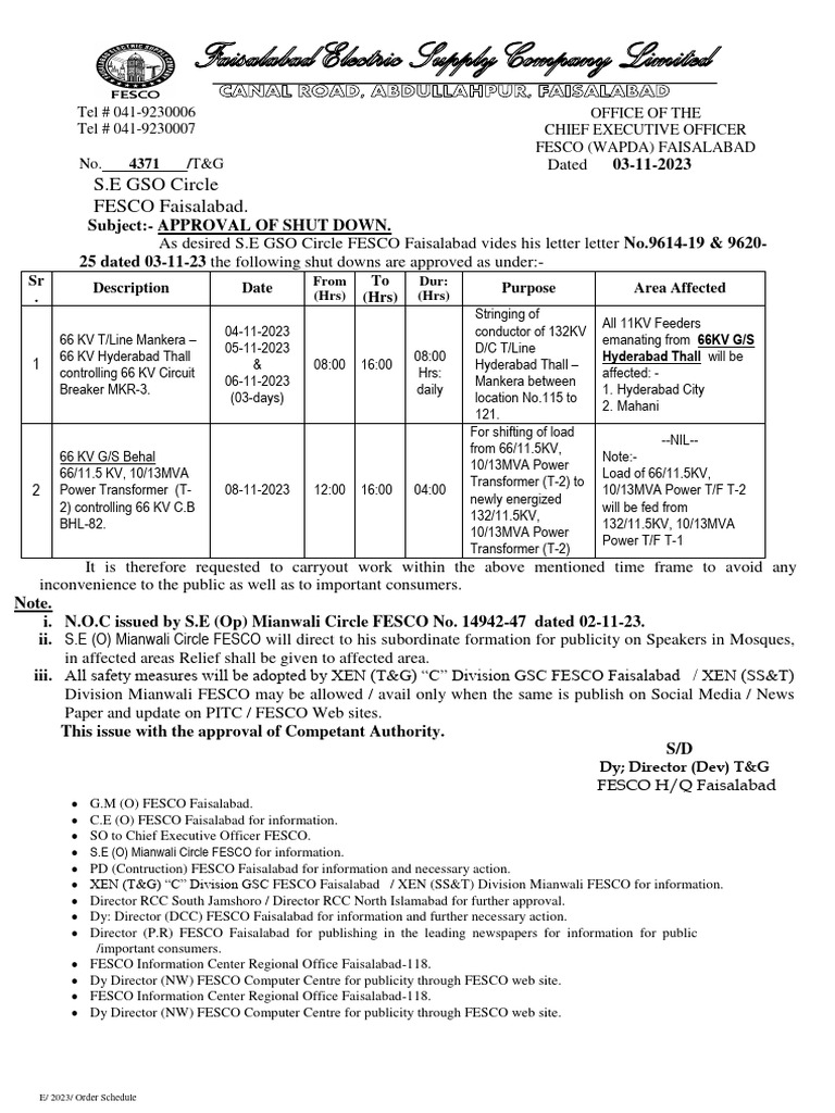 FESCO Shutdown Schedule Nov 2023 | PDF
