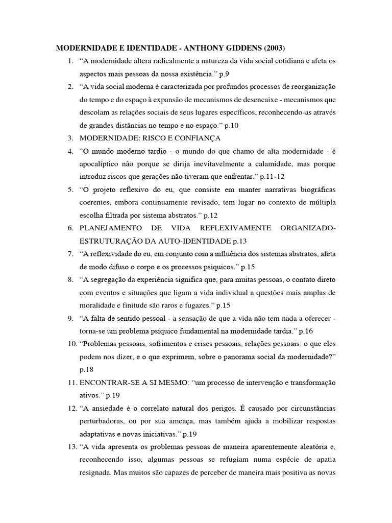 Modernidade e Identidade Anthony Giddens | PDF | Existencialismo | Sociologia