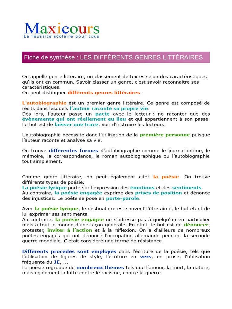 Les Différents Genres Littéraires | PDF