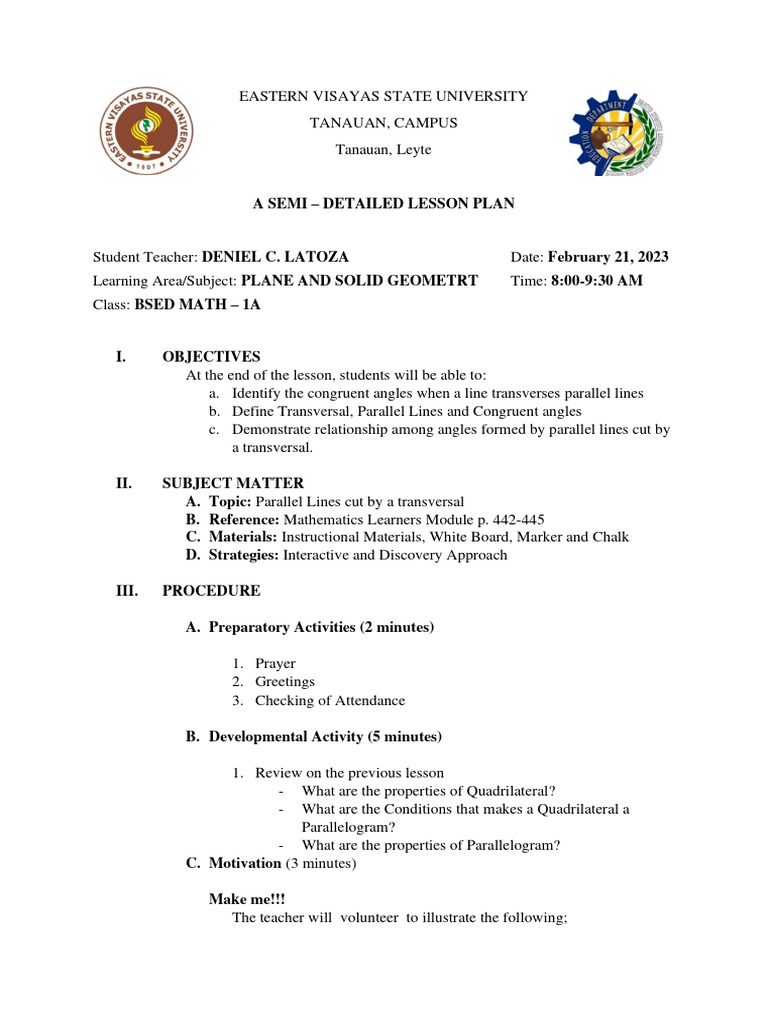 Lesson Plan on Parallel Lines and Transversals | PDF | Elementary ...