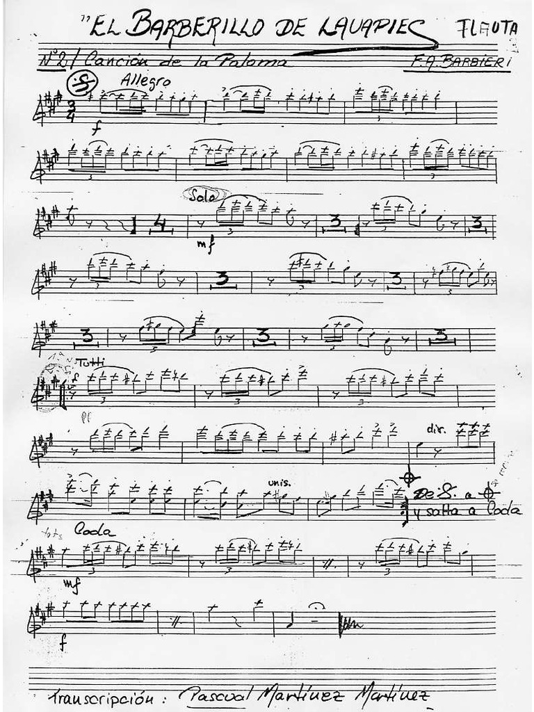 Canción De Paloma El Barberillo De Lavapiés Barbieri Parts Pdf