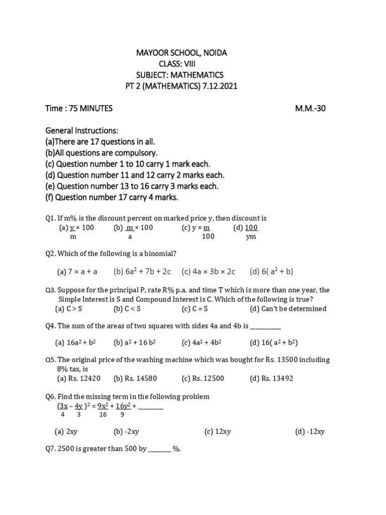 PT 2 Question Paper Class 8 Maths 2021-22 | PDF | Interest | Mathematics