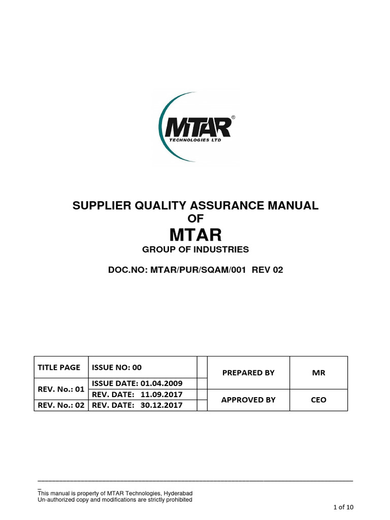 MTAR Supplier Quality Manual | PDF | Supply Chain | Specification (Technical Standard)