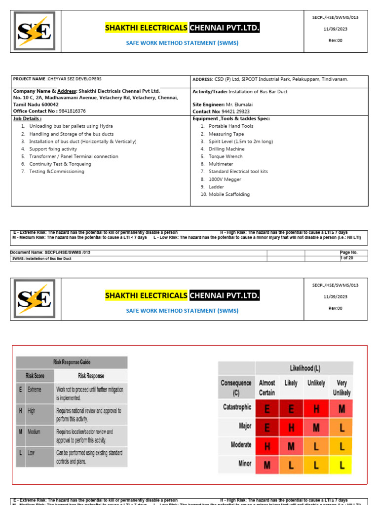 SWMS For Bus Bar Duct Erection | PDF | Tools | Equipment