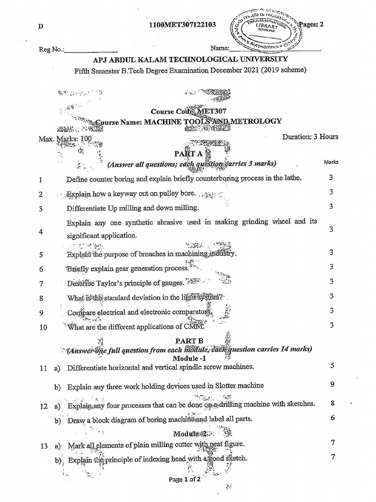 Met307 s5 Machine Tools and Metrology Dec 2021 2019 SCH | PDF