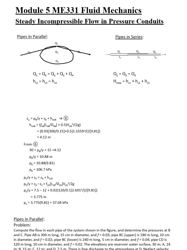 Fluid Mechanics: Parallel and Series Pipes | PDF | Gases | Dynamics ...