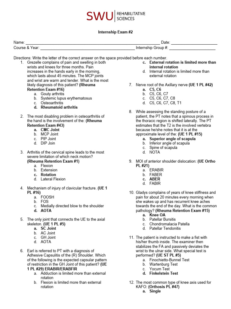 Internship Exam #2 (ANSWER KEY) | PDF | Anatomical Terms Of Motion | Elbow