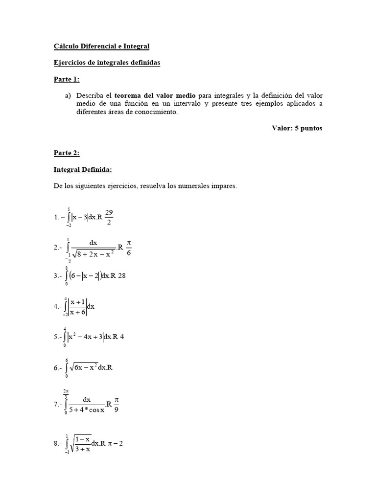 Deber No. 2 - Ejercicios Integral Definida | PDF | Integral | Análisis matemático