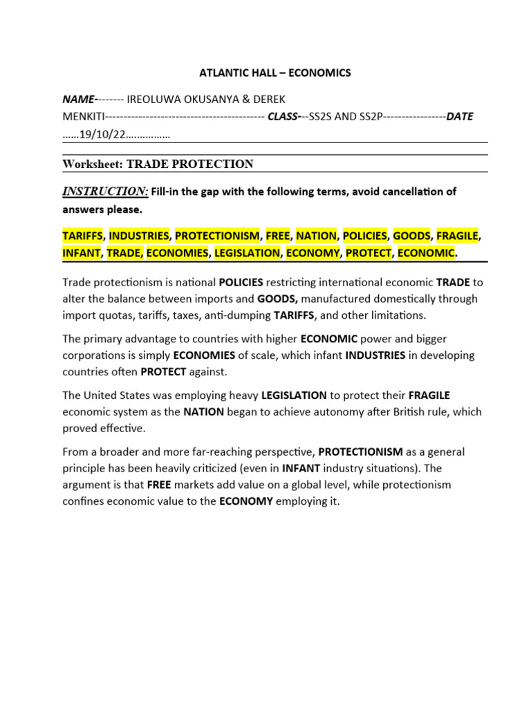 Worksheet On Trade Protection - Student | PDF