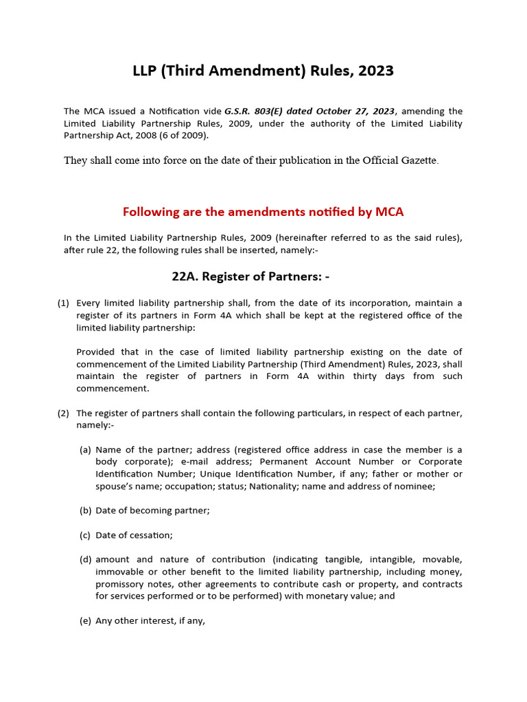 MCA LLP Amendment To Rules | PDF | Limited Liability Partnership ...