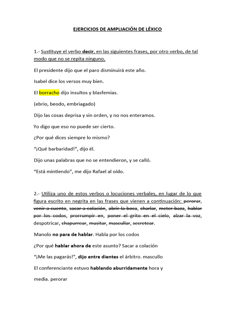 Ejercicios de Ampliación de Léxico | PDF