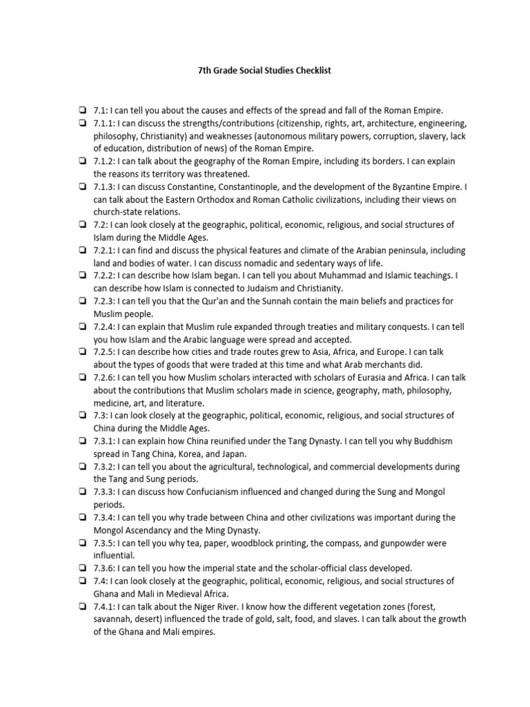 7th Grade Social Studies Checklist | PDF