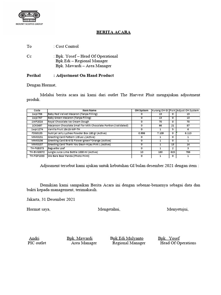 BA ADJUSTMENT G1 Desember 2021 | PDF