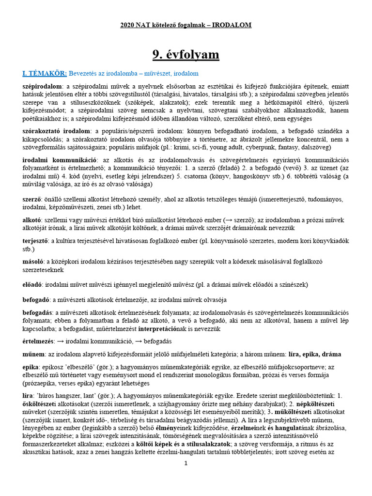 2020NAT-kötelező Fogalmak 9-12. Irodalom | PDF