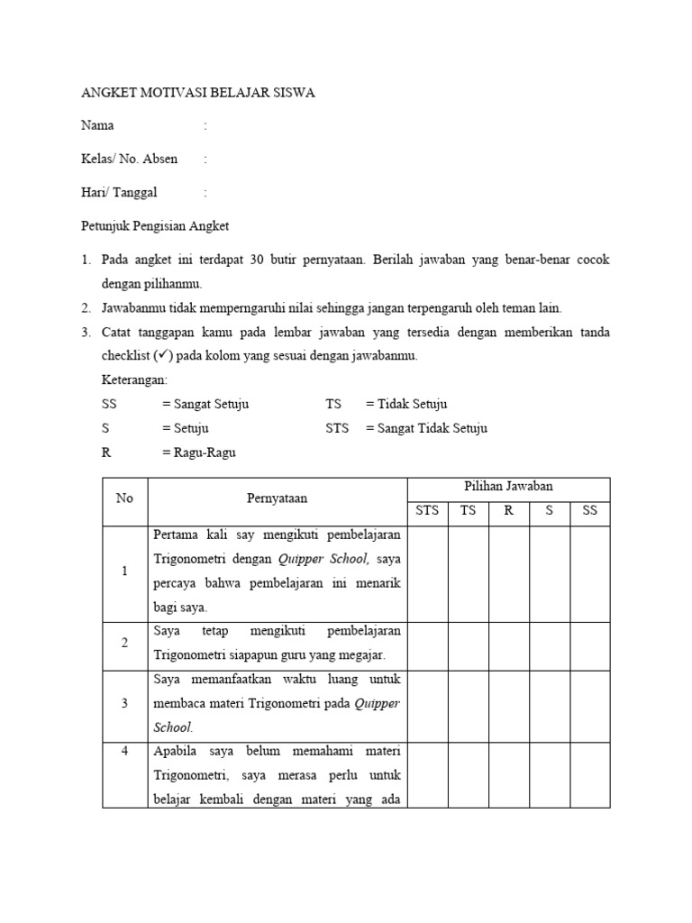 Angket Motivasi Belajar | PDF