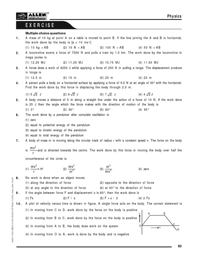 Work, Energy, and Power MCQs | PDF