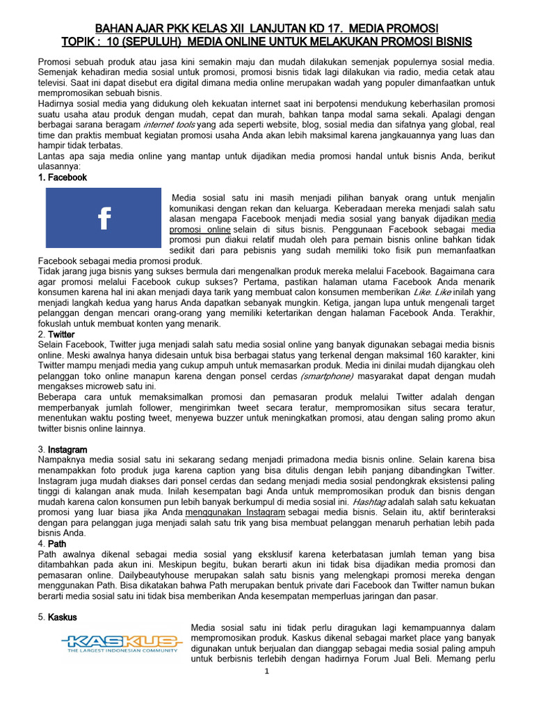 Bahan Ajar PKK Kelas Xii Media Online PKK | PDF