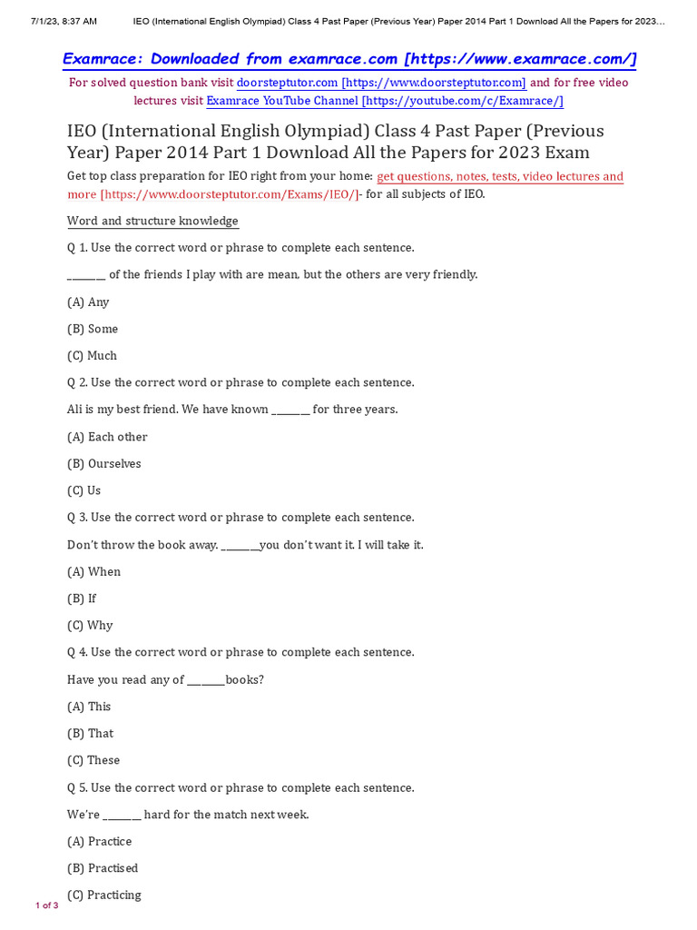 IEO Class 4 Paper 2014 Part 1 | PDF | Semantics | Cognitive Science