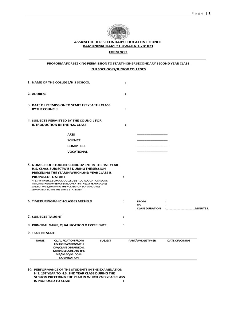Form No 2 Permission To Start Higher Secondary Second Year Class | PDF ...