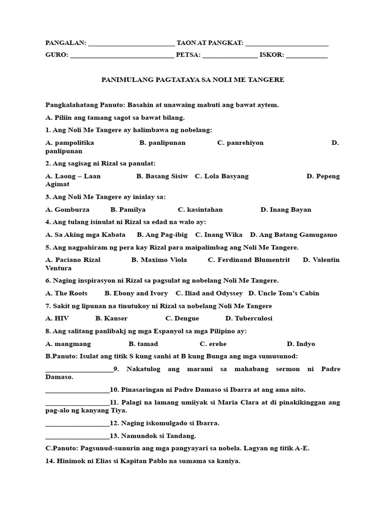 Panimulang Pagtataya Sa Noli Me Tangere | PDF Panimulang Pagtataya Sa Noli Me Tangere | PDF