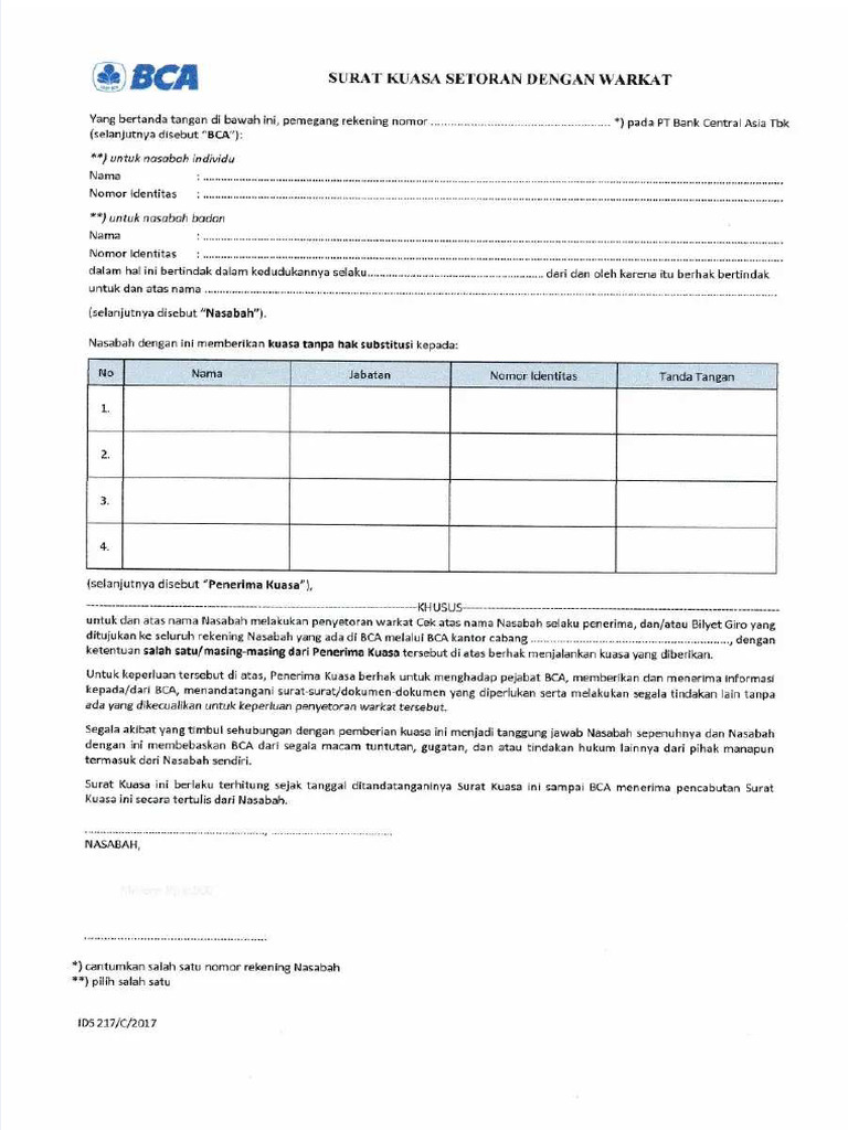 PDF Surat Kuasa Setoran Dengan Warkat Bca - Compress | PDF